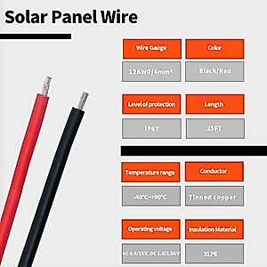 JMELEHW Solar Extension Cable, 25FT 12AWG Tinned Copper PV Wire, UV Resistant Solar Panel Cable for Outdoor RV Automotive Boat (Black + Red Wire)