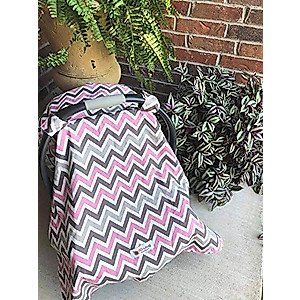 Baby Carseat Canopy Cover-Breathable Infant Car Seat Cover Helps Protect Babies-Our Baby Car Seat Covers Also Double as a Nursing Cover, High Chair Cover & Playmat-Pink & Gray Chevron with Gray Minky