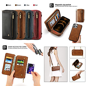 nincyee Multifunction Wallet Case for iPhone 12 Pro Max,Large Capacity Leather Zipper Clutch Bag Case with Shoulder Strap Brown