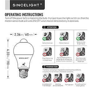 SINCELIGHT Motion Sensor LED Light Bulb 9W E26, PIR Motion-Activated in The Dark, Automatically ON/Off by Dual Sensors, Warm White 3000K, Pack of 2