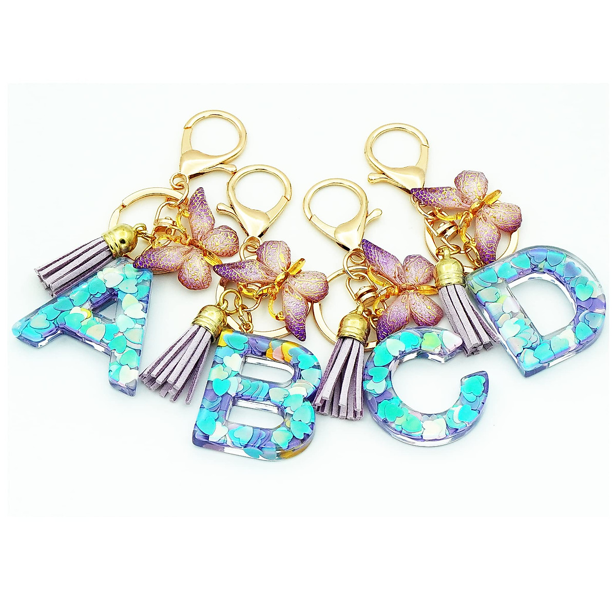 TTYY Initial Letter Keychains for Girls Women Pink Purple Green Cute Butterfly Heart Keychain for Backpack School Bag (purple heart Letter L)