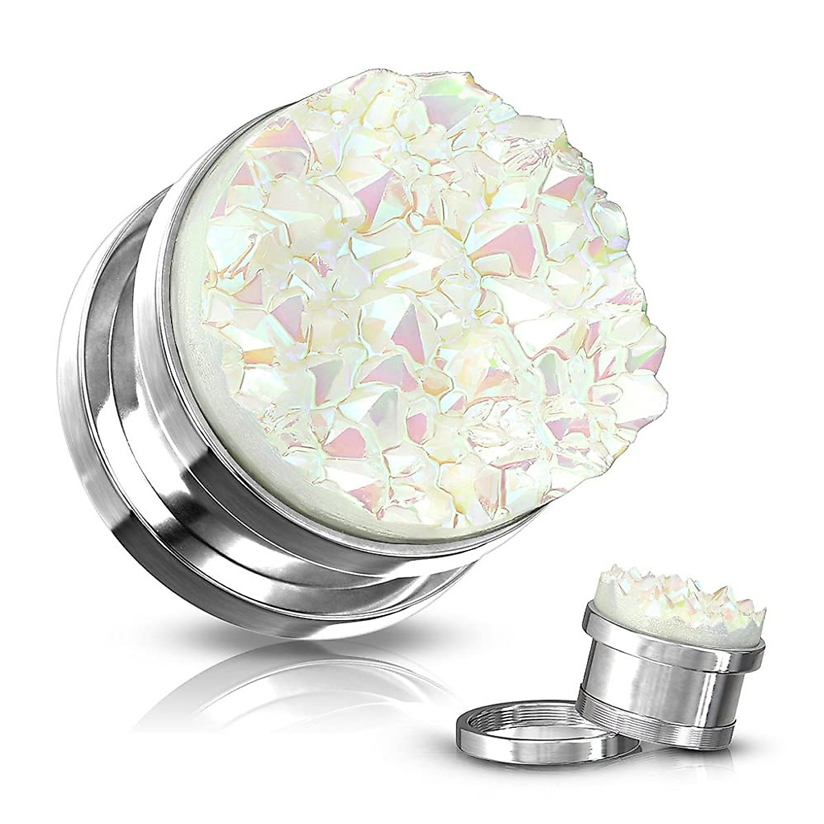 Pierced Owl Stainless Steel White Druzy Stone Screw Fit Plug Gauges, Sold As Pair (6mm (2GA))