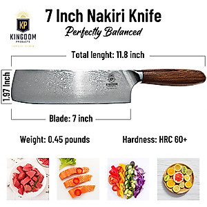 Japanese Nakiri Knife - 7" Razor Sharp Kitchen Knife for Dicing, Slicing, & Chopping Vegetables, Fruit, & Meat - Professional Chef Style Knife in Damascus Carbon Steel and Ergonomic Handle