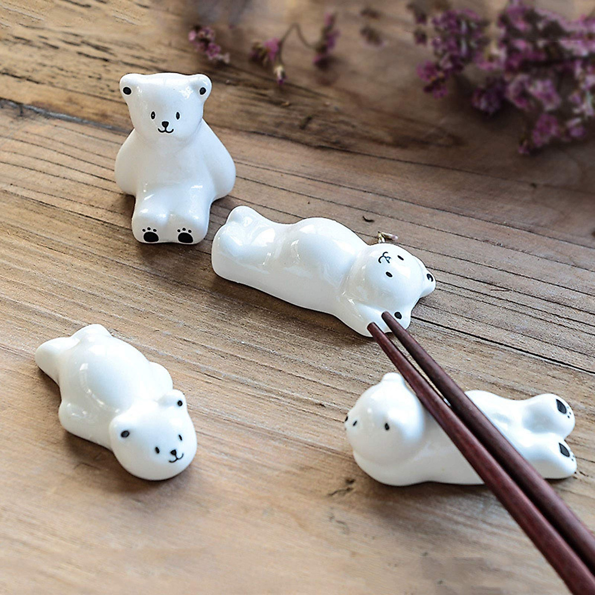 ORYOUGO Set of 4 White Bear Ceramic Chopstick Holder Creative Polar Bears Chopstick Rest Spoon Fork Knife Rack Table Decor