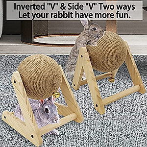 BNOSDM Rabbit Scratch Ball Sisal Bunny Scratching Toy, Wooden Pet Scratcher Stand with Ball for Indoor Rabbits Bunny, Kittens and Small Animals