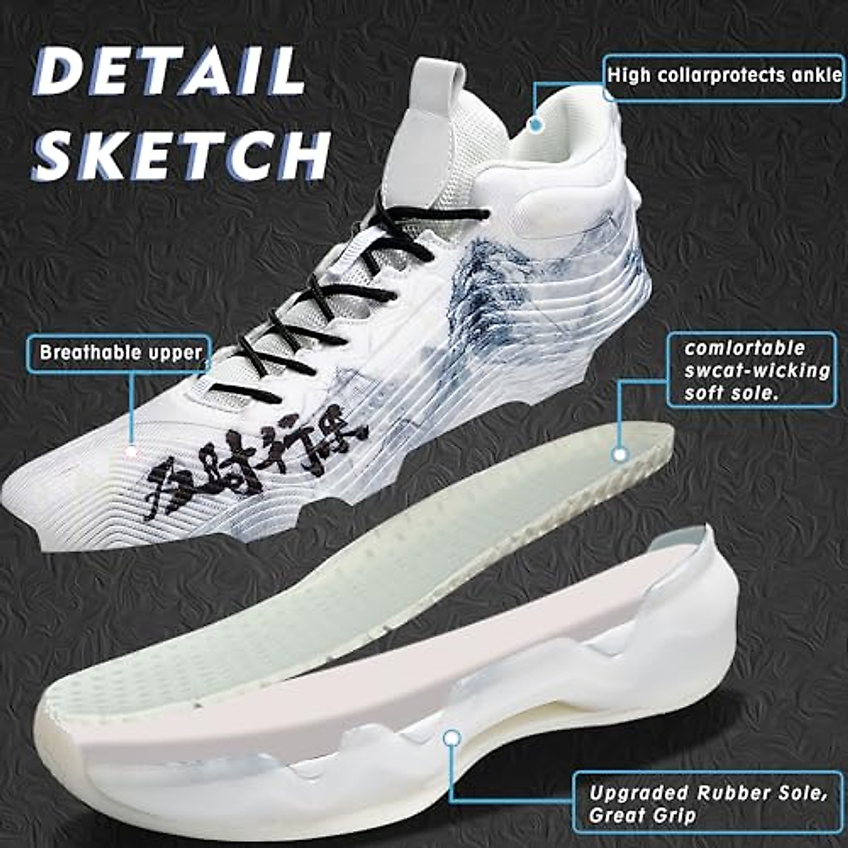 Promenie Men's High-Top Basketball Shoes Graffiti-Inspired Athletic Footwear with Superior Support Anti-Slip Design Outstanding Durability White Size 8