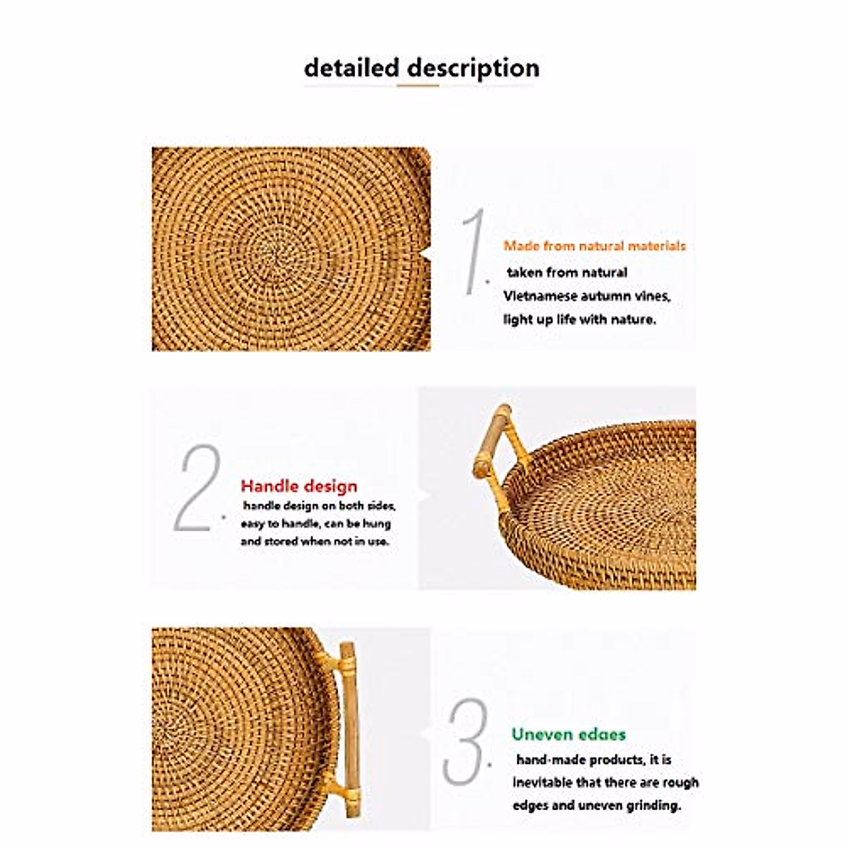 Hand-Made Round Rattan Tray with Handle, Food Basket, Basket, Perfect for displaying Bread, Coffee Breakfast or Fruit 11x11xo.39in