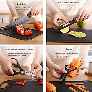 Knife Sets, 7 Pieces Black Kitchen Knife Set with Stainless Steel Kitchen Knife, Melon Planer, Holder, Chopping Board/Professional Kitchen Chef Knives Set for Hotel, Family