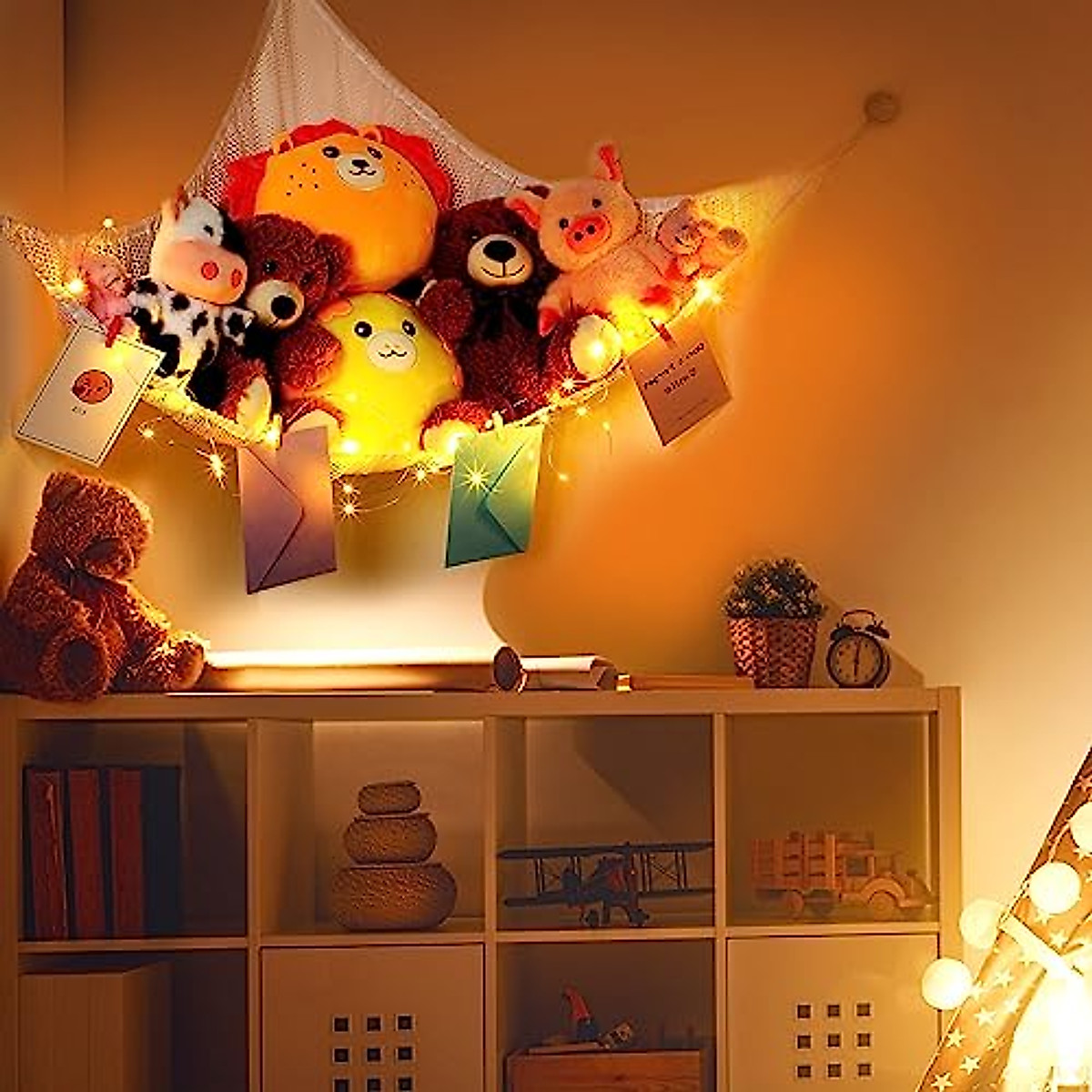 Berlune 2 Set Stuffed Animal Net or Hammock with LED Light, Stuffed Animal Storage Stuffed Animal Hammock Corner Toy Hammock Stuffed Animal Organizer with Clips Hooks for Bedroom Nursery Decor