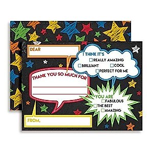 Chalkboard Speech Bubble Birthday Thank You Notes for Kids, Ten 4" x 5.5" Fill In The Blank Cards with 10 White Envelopes by AmandaCreation…