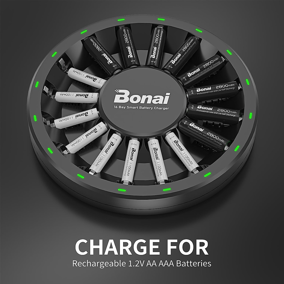 BONAI AA AAA Rechargeable Battery Charger for NiMH NiCD Batteries with AC High-Speed Plug Cable and Smart LED Light