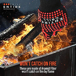 Entire 3 in 1 BBQ Grill Gloves, Extreme Heat Resistant, Insulated Fireproof Silicone Oven Mitts for Cooking, Grilling, Barbecue, Non-Slip Grip Pair with Silicone Brush & BBQ Grilling Tong