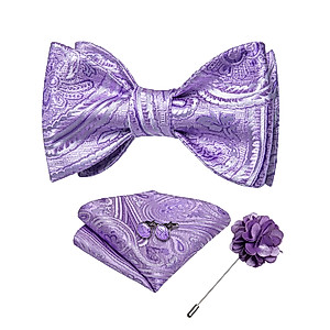 DiBanGu Lavender Purple Bow Tie for Men Woven Paisley Self Tied Bow Tie and Lapel Pin Set with Handkerchief Cufflinks