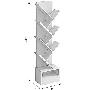4NM Small Tree Bookshelf with Storage Space, Standing Bookcase for CD Storage and Magazine Rack, Wooden Book Tree Organizer Shelves for Small Spaces (White)