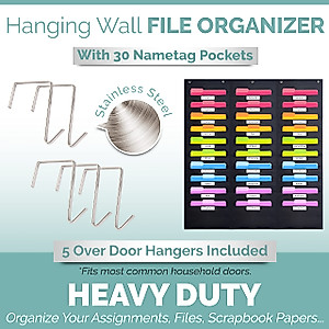 Black Pocket Chart for Classroom - 30 Pocket Storage Black Pocket Charts , 5 Over Door Hangers Included, Hanging Wall File Organizer for File Folders, School Mailbox, Home/Office Papers
