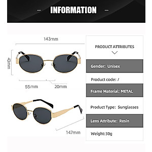 BAODAREN Trendy Retro Oval Sunglasses for Women Men Small Metal Frame Sun Glasses Ladies Shades BS1200 (Gold/Grey)
