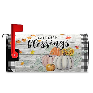 Wamika Autumn Blessing Mailbox Cover Standard Size Fall Pumpkin Sunflower Maple Leaves Magnetic Mailbox Covers Garden Yard Post Wraps Letter Box Cover Buffalo Plaid Decorations 21" L x 18" W