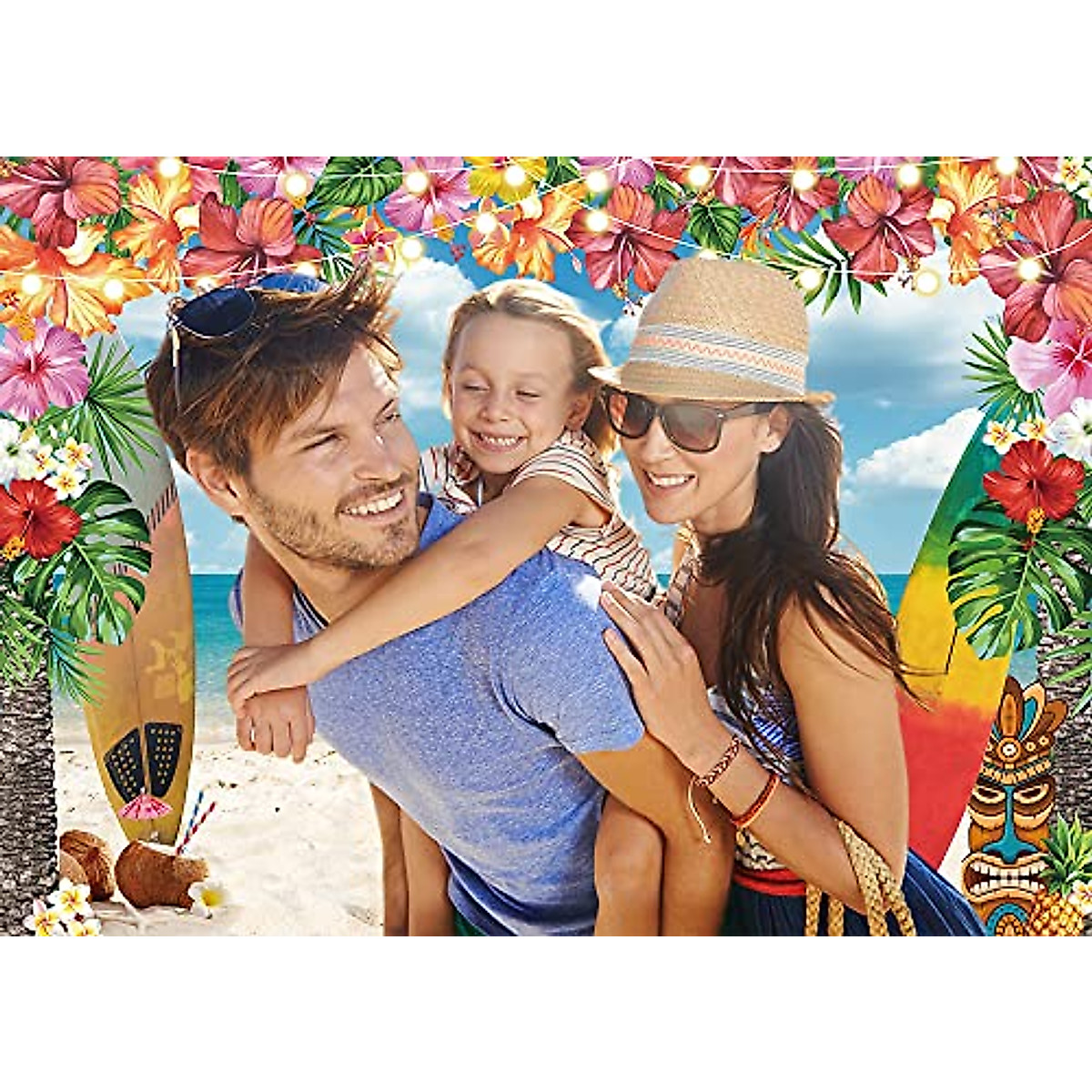 Summer Hawaii Beach Backdrop 7x5FT Aloha Tropical Palm Flower Blue Sky Ocean Surfboard Hawaiian Photography Background Baby Shower Birthday Party Decor Luau Photoshoot Tiki Photo Booth Props