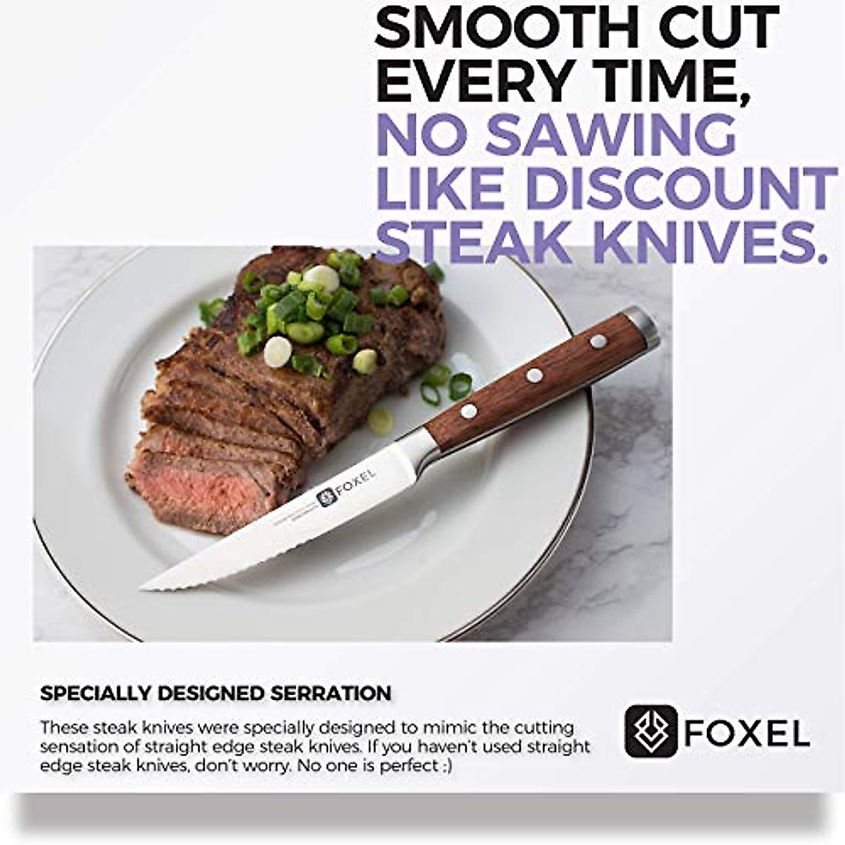 FOXEL Best Serrated Steak Knives Knife Set of 4, 8, or 12 Piece w/Covers - Heavy Duty Restaurant Quality - German Stainless Steel 1.4116 Blade - Natural Sandal Wood Full Tang Handle - Hand Wash Only