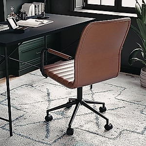 Martha Stewart Taytum Swivel Task Chair with Armrests for Home Office in Saddle Brown Faux Leather with Oil Rubbed Bronze Frame