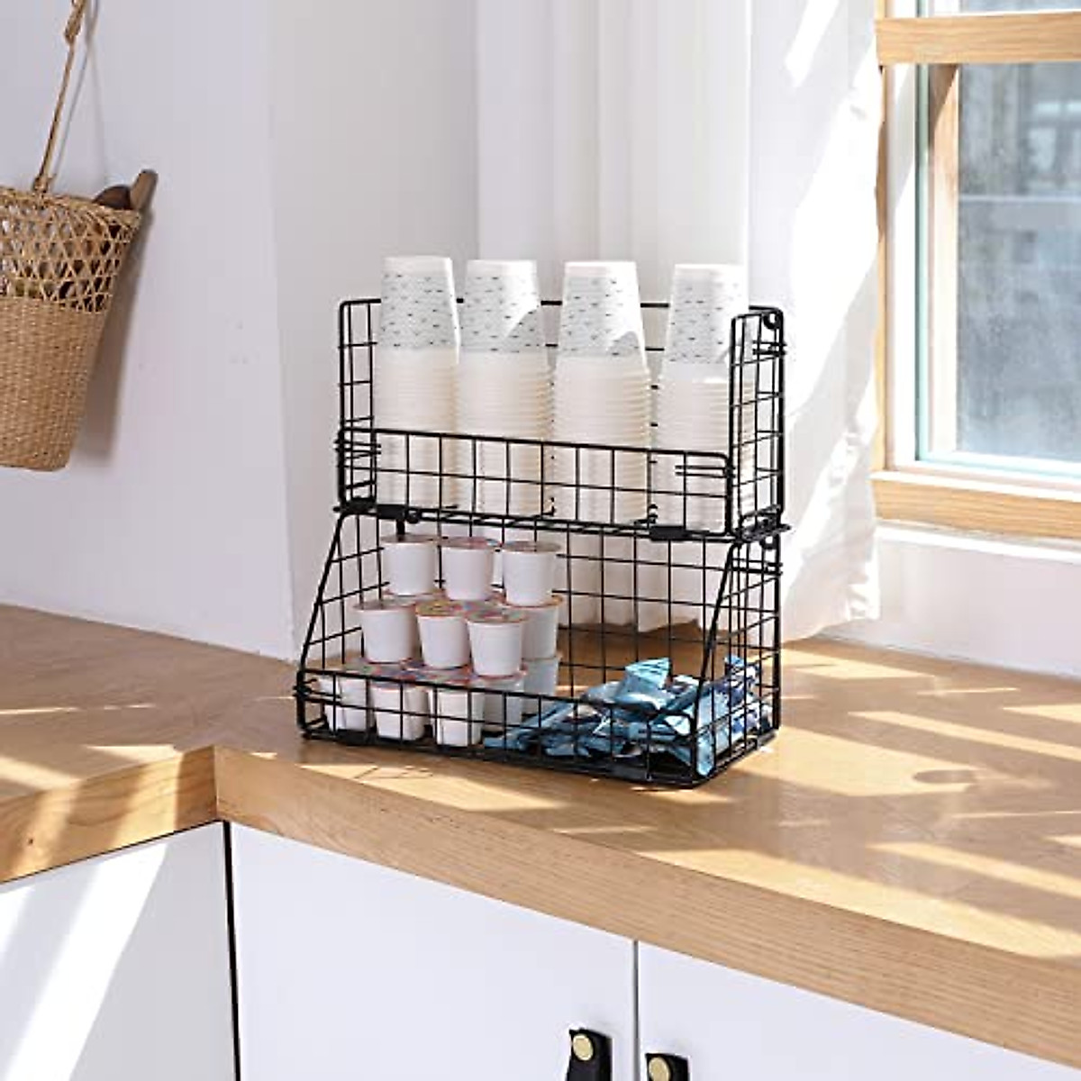 Stackable Cup Lid Dispenser and Coffee Condiment Organizer with 2 Removable Dividers, Wall Mount&Metal Wire Basket Storage for Coffee Tea Bag Snack,Stand Rack Holder for Breakroom Office