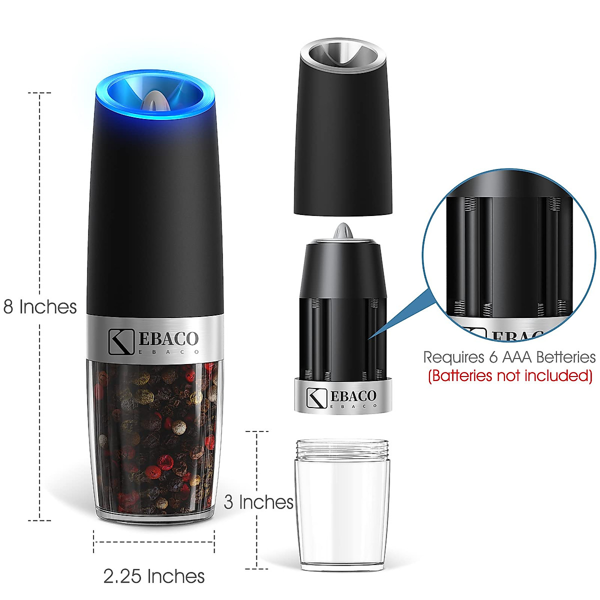 Ebaco Gravity Electric Salt and Pepper Grinder-Automatic Pepper Mill Battery Operated Grinder with LED Light, Refillable and Adjustable Coarseness(1PCS)