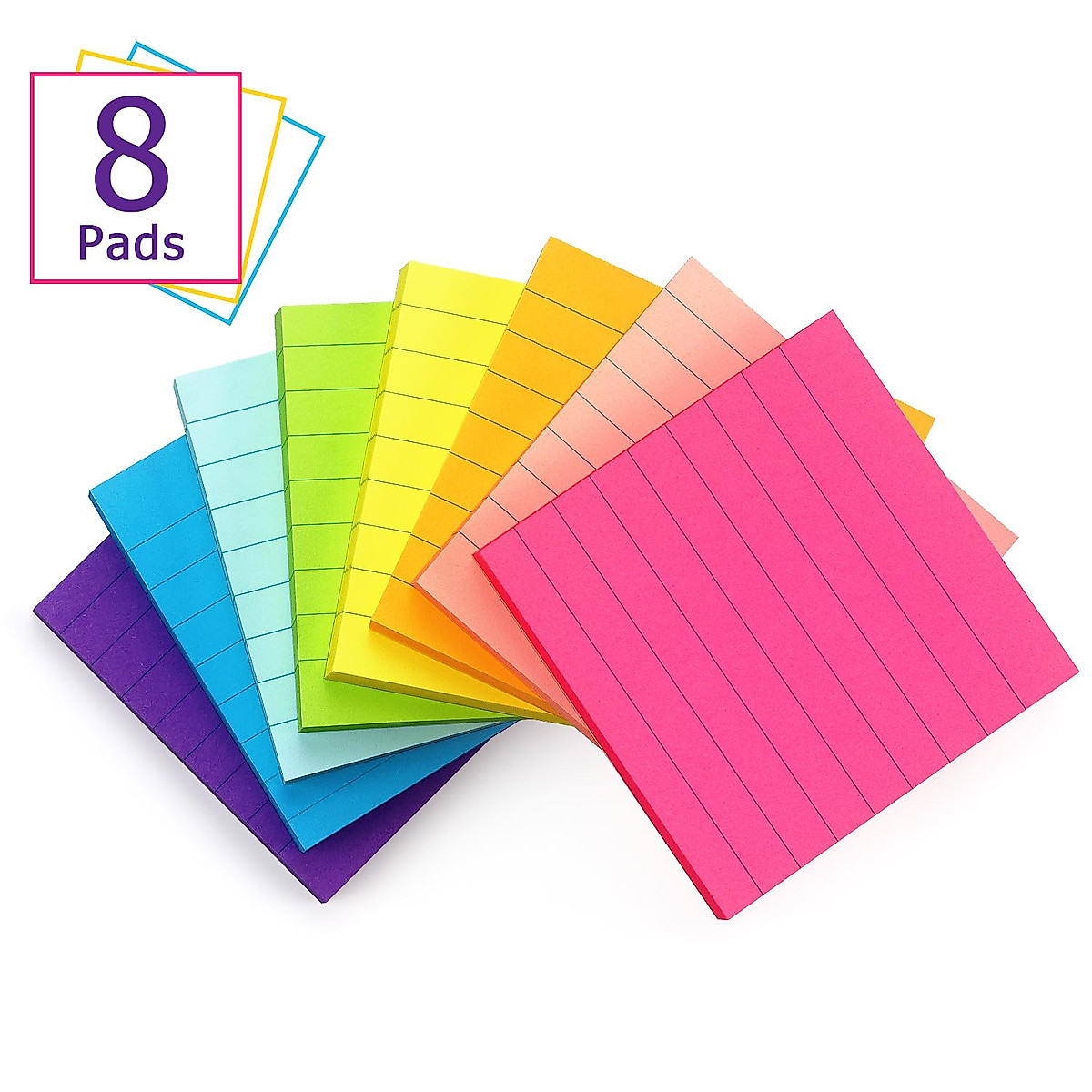 Eastern Wolf 8 Pads Lined Sticky Notes 3x3 Sticky Notes with Lines Self-Stick Note Pads 8 Bright Multi Colors, 85 Sheets/Pad