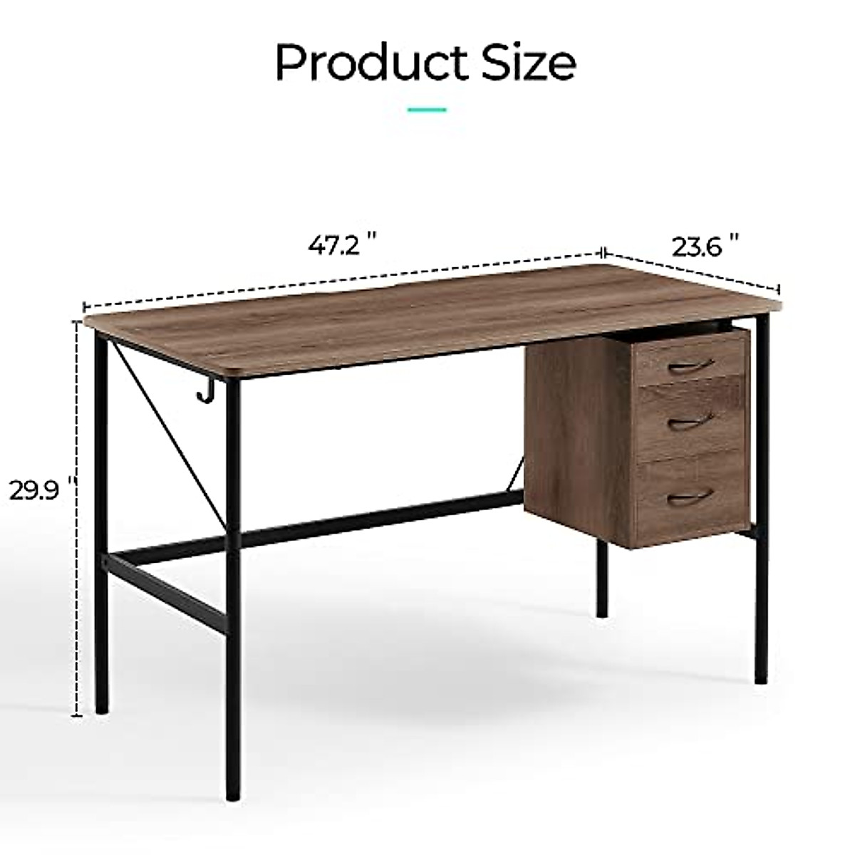 LINSY HOME Computer Desk 47 inch with 3 Drawer, Writing Desk Study Table with Monitor Stand Groove for Home Office, Brown