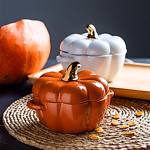 YUMUO Pumpkin Not-Stick Ceramics Dish,Fashion Creative Tableware Dessert Fruit Soup Bowl with Lid,for Cooking & Serving Orange