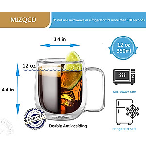 MJZQCD Glass Espresso Cup 12 oz, Double Wall Glasses Insulated coffee Mugs,With Handle & Suspended Base Design,Clear glass tea cups,Perfect for Cappuccino,Latte,Hot Beverage (Set of 2 * 12 oz)