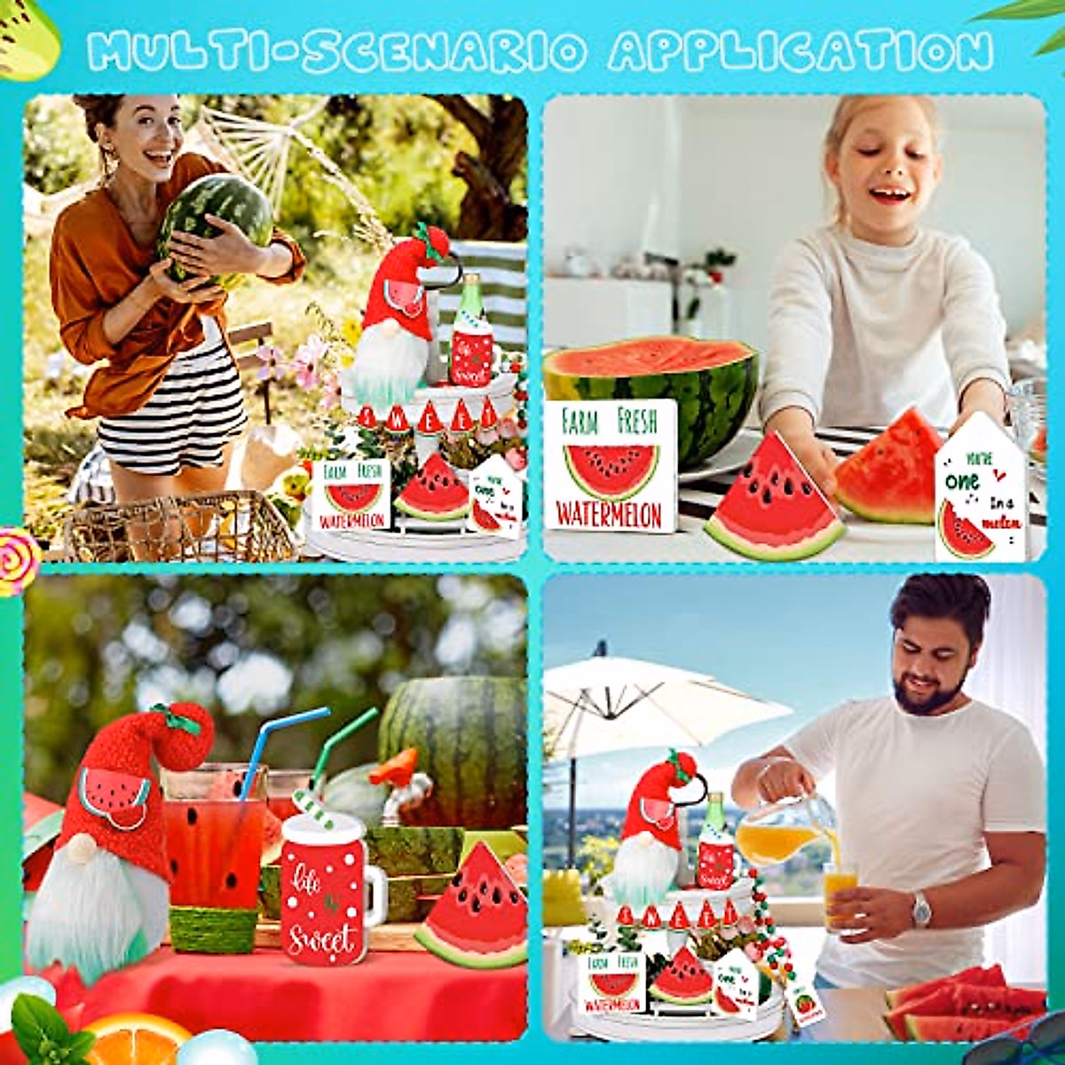 11 Pieces Watermelon Tiered Tray Decor Watermelon Wooden Kitchen Signs Watermelon Gnome Banner Beaded Garland Decor Set My Happy Summer Decor for Summer Fall Rustic Decor (Red)