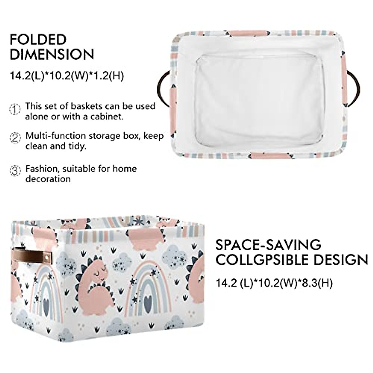 Pink Dinosaur Storage Basket Set of 2 Large Fabric Rainbow Storage Basket Bins Box Cube with Handles Collapsible Closet Shelf Clothes Organizer Basket for Nursery Bedroom