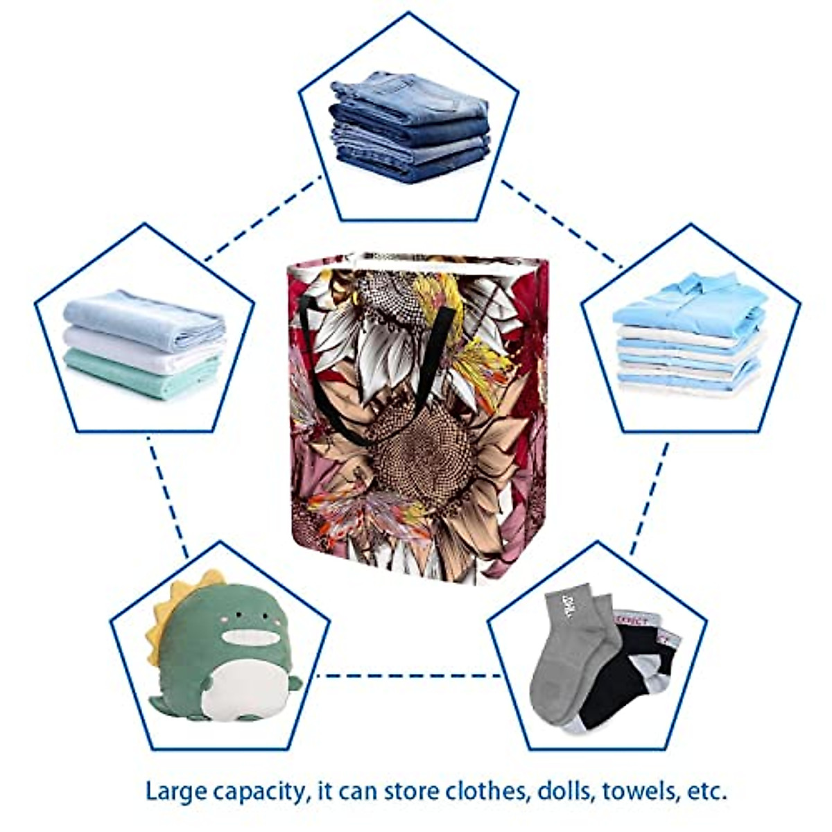 Dragonflies and Bee on Sunflower Print Collapsible Laundry Hamper, 60L Waterproof Laundry Baskets Washing Bin Clothes Toys Storage for Dorm Bathroom Bedroom