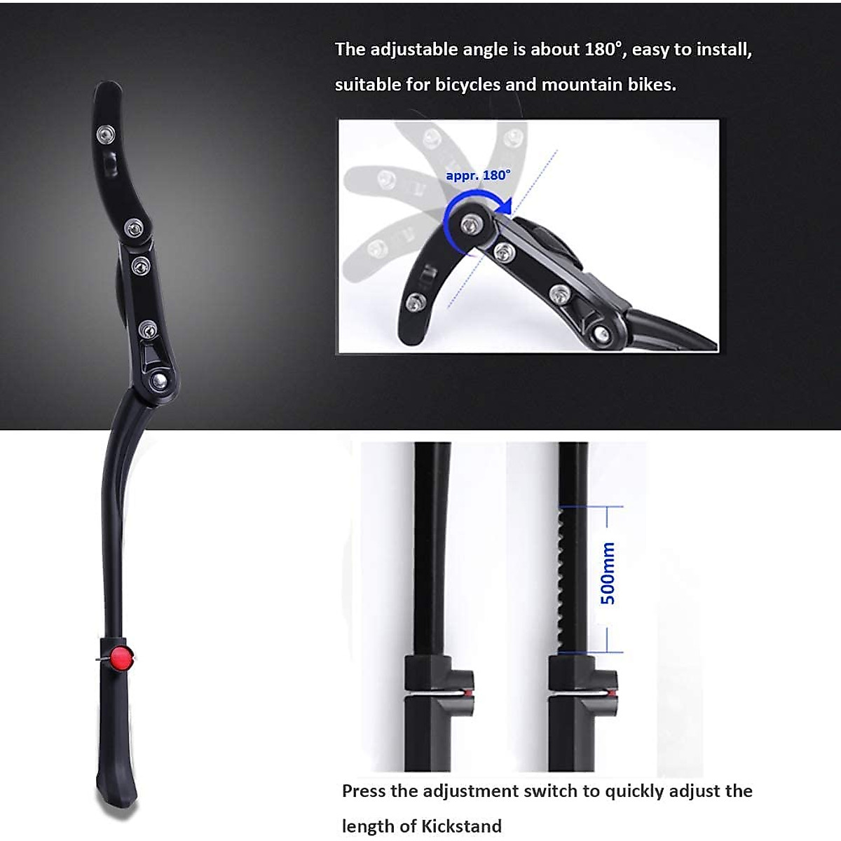 Bike Kickstand, Adjustable Rear Mount Aluminum Alloy Bicycle Kickstand for 26” 28” 700C 24”- 29” inch Adult Bike Mountain bike Road Bike BMX MTB