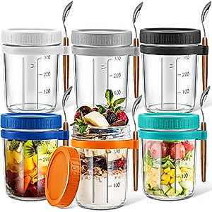 Inbagi 6 Sets Overnight Oats Jars with Lids and Spoons 12 oz Airtight Overnight Storage Containers with Measurement Marks Salad Jars for Cereal Milk Yogurt Vegetable Fruit, 6 Colors