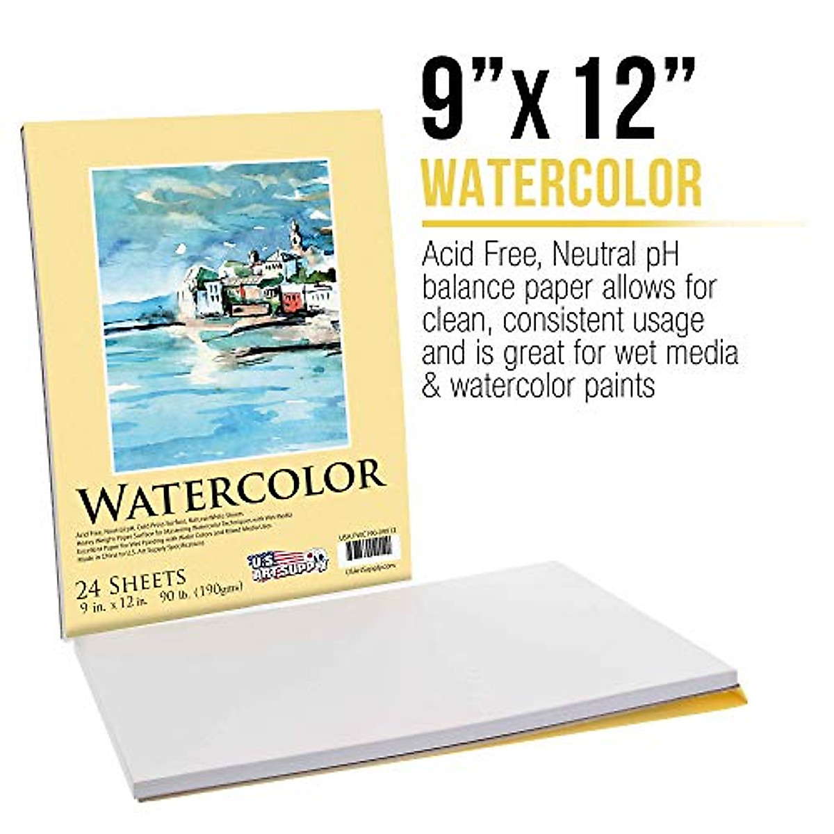 U.S. Art Supply 9" x 12" Premium Heavyweight Watercolor Painting Paper Pad, Pack of 2, 24 Sheets Each, 90 Pound (190gsm) - Cold Pressed, Acid-Free, Wet, Dry & Mixed Media - Artists, Students, Adults