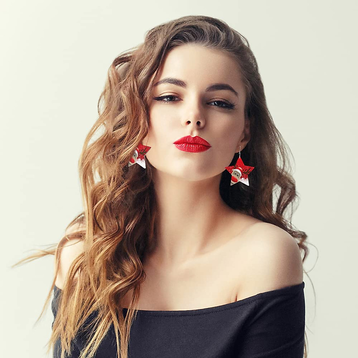 Swono Cartoon Reindeer Leather Earrings Christmas Cute Deer Red Hat Snow Snowflake Star Faux Leather Earring Lightweight Dangle Drop Earrings for Women Girls