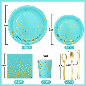 joy akkess 175PCS Teal Birthday Decorations Teal Party Decorations Birthday Plates and Napkins Party Supplies Serve 25 Teal Paper Plates for Brithday Party Wedding Baby Shower Graduation