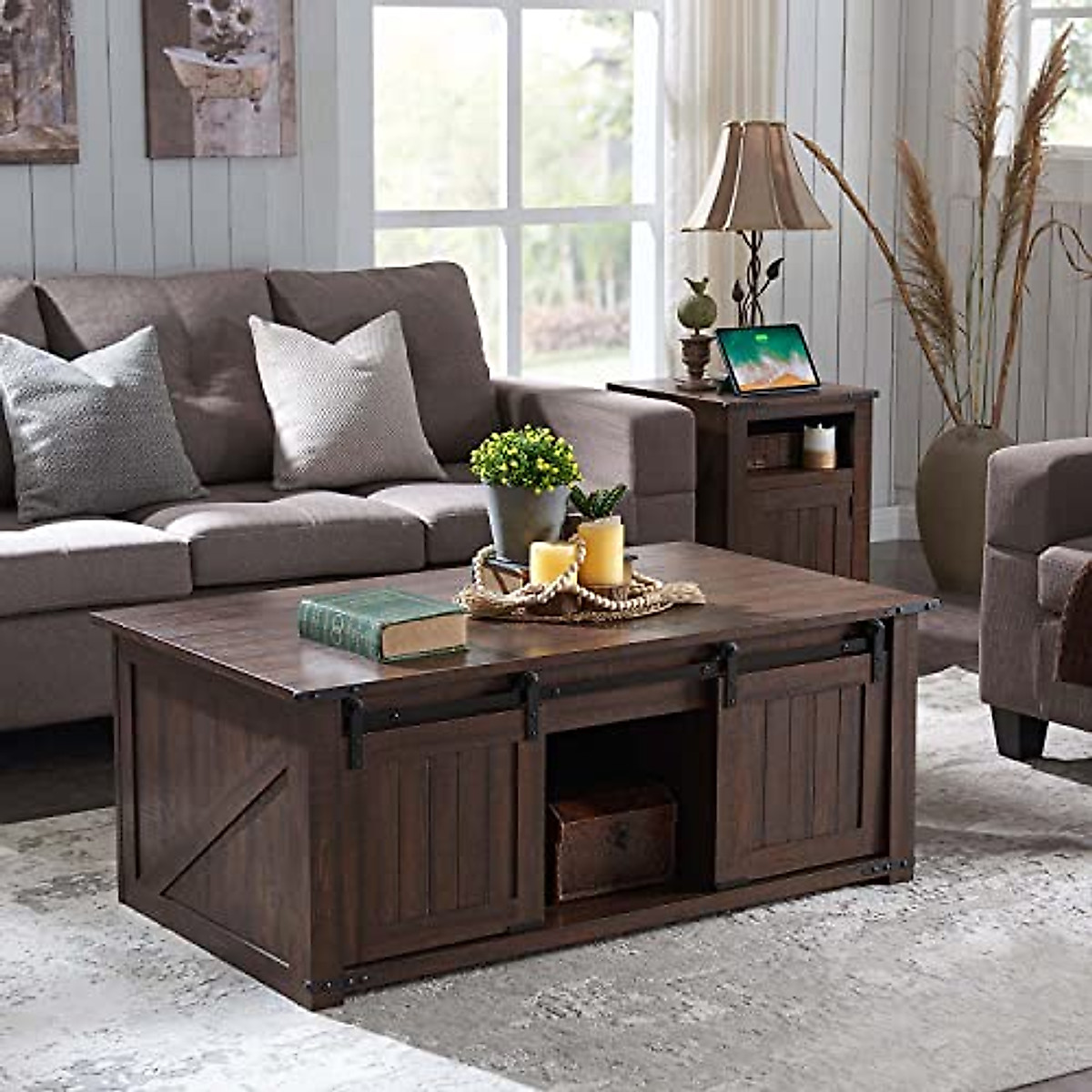 SinCiDo 48” Lift Top Coffee Table with Storage & Sliding Groove Barn Door, Farmhouse Coffee Table Rustic Wood Cocktail Table w/Double Storage Spaces for Living Room, Brown
