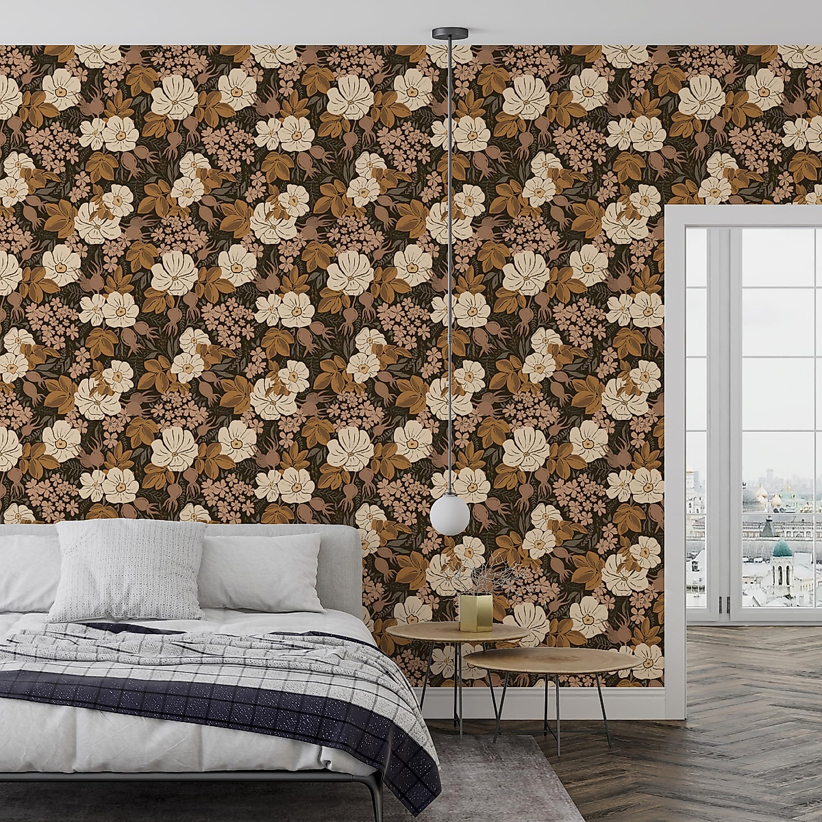 UniGoos Beige Flowers Peel and Stick Wallpaper Brown Leaves Temporary Wall Paper Roll Modern Self Adhesive Contact Paper for Cabinet Kids Room DIY Decor 17.7" x 118.1"