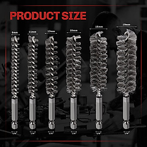 Columpro 6PCS 304 Stainless Steel Bore Brush Copper Pipe Cleaner, Twisted Wire Drill Brush,1/4 Inch Hex Shank S2 Steel Handle, for Power Drill Plumbing Tools