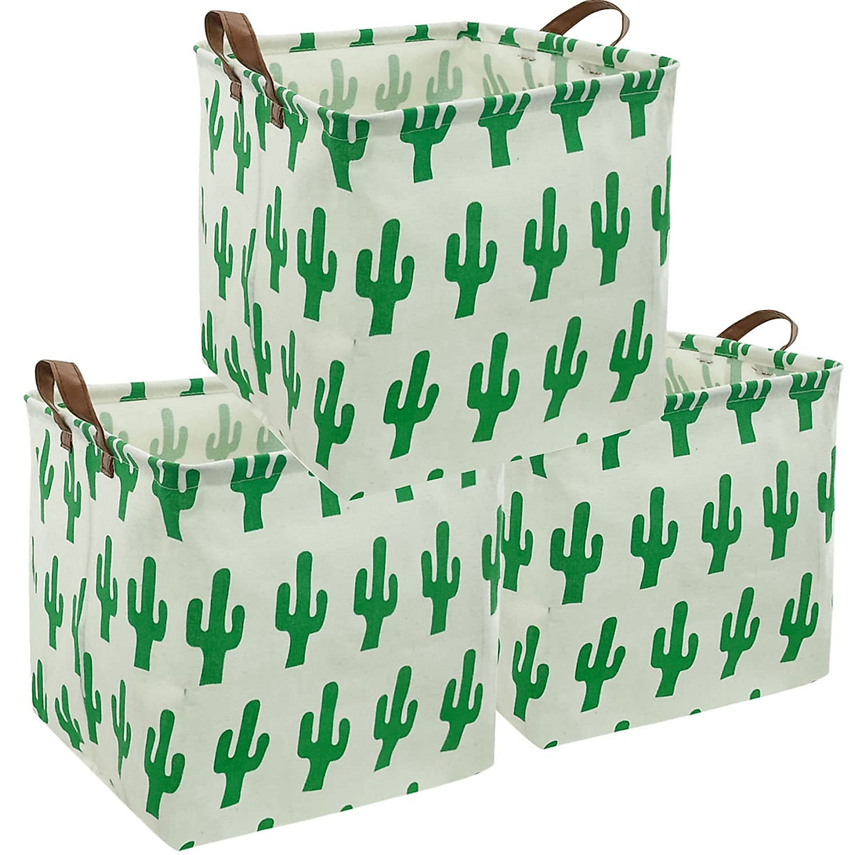 ESSME 3PACK Square Storage Bin,Cotton Fabric Laundry Baskets,Collapsible Waterproof Toy Storage Bin with Handles for Family Storage,Shelf Baskets,Bedroom(3pack Cactus)