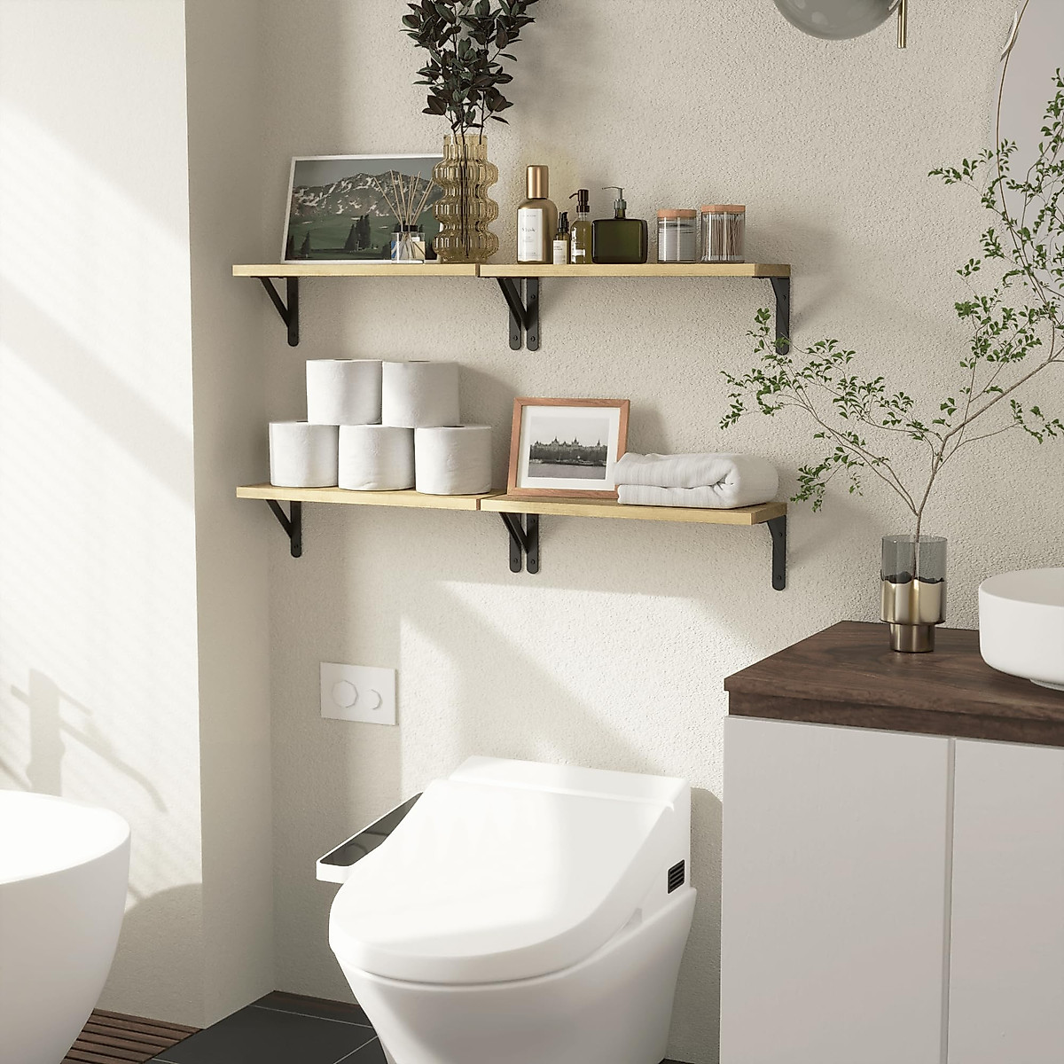 ThriftyZ Rustic Floating Shelves for Wall, Farmhouse Wood Shelf for Wall Decor, Wall Mounted Room Shelves Sets of 4, Hanging Wall Storage for Bathroom, Bedroom, Livinging Room - Rustic Wood