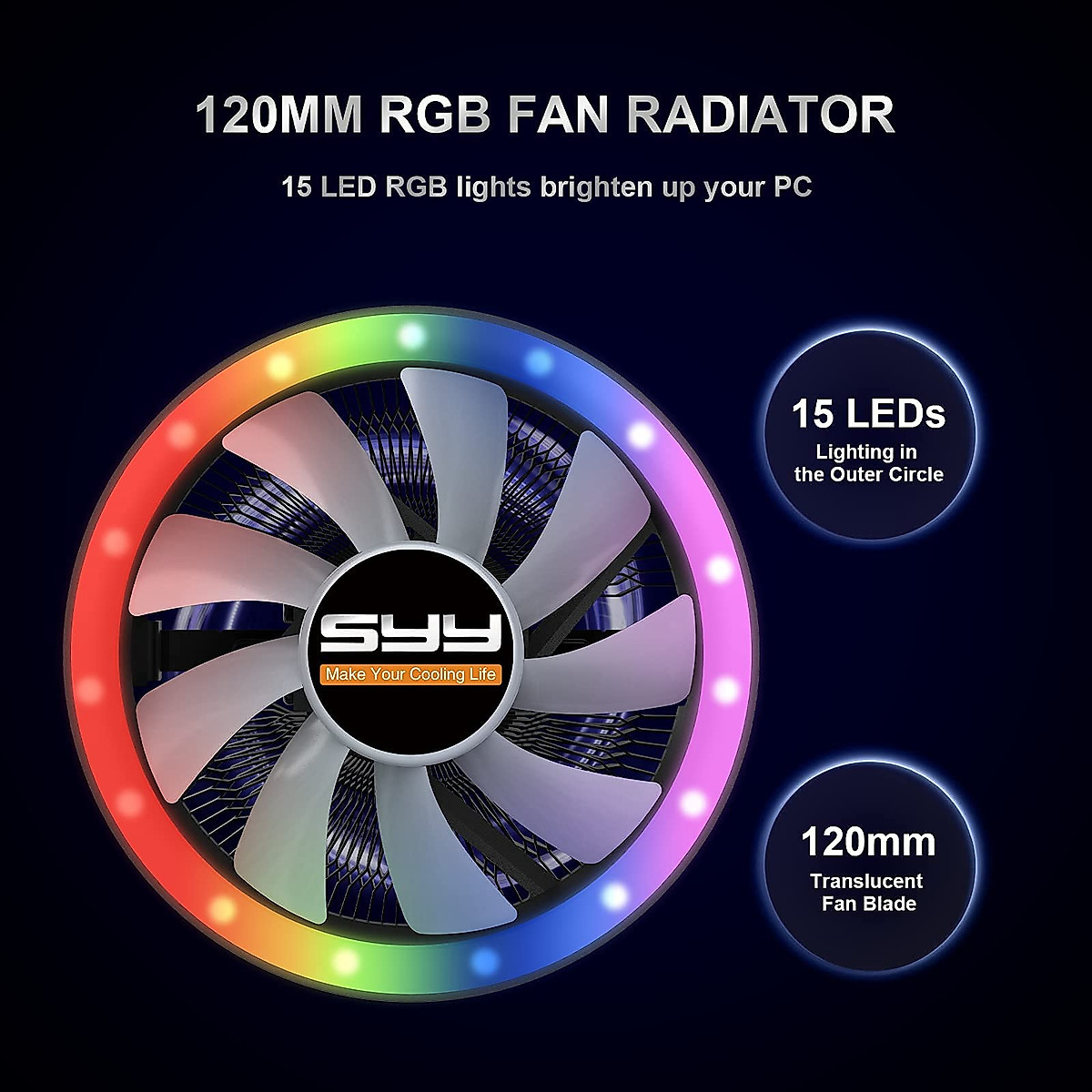 CPU Cooler, SYY 120MM RGB CPU Fan with 16.8 Million Colors 15 Addressable LED, Hydraulic Bearing, Quiet PC Cooler for Intel AMD Universal Socket