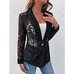 WDIRARA Women's Lace Open Front Long Sleeve Sheer Elegant Casual Blazer Jacket Black S