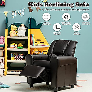 Costzon Kids Recliner Chair with Cup Holder, Toddler Furniture Children Armrest Sofa w/Headrest & Footrest for Girls Boys Baby Bedroom, Kids Room, PU Leather Kids Recliner Couch (Brown)