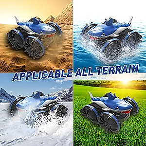 Desdoni Amphibious Remote Control Car 2.4 GHz Waterproof Off Road RC Shark Truck 4WD Stunt Car 360° Rotation All Terrain RC Truck for Adults Boys Girls Kids Gift 2Pcs Rechargeable Batteries