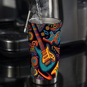 20oz Hippie Electric Guitar, Guitarist, Musician Gifts, Coffee Thermos for Men, Women, Stainless Steel Double Wall Vacuum Insulated Coffee Mug, Travel Cup with Lid
