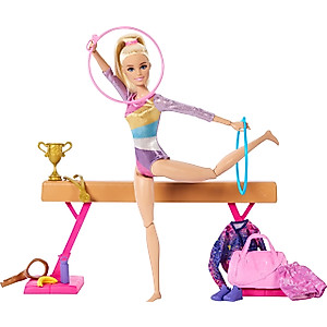 Barbie Careers Playset, Gymnastics Set with Blonde Gymnast Fashion Doll, C-Clip for Flipping Action, Balance Beam, Warm-Up Suit & Accessories