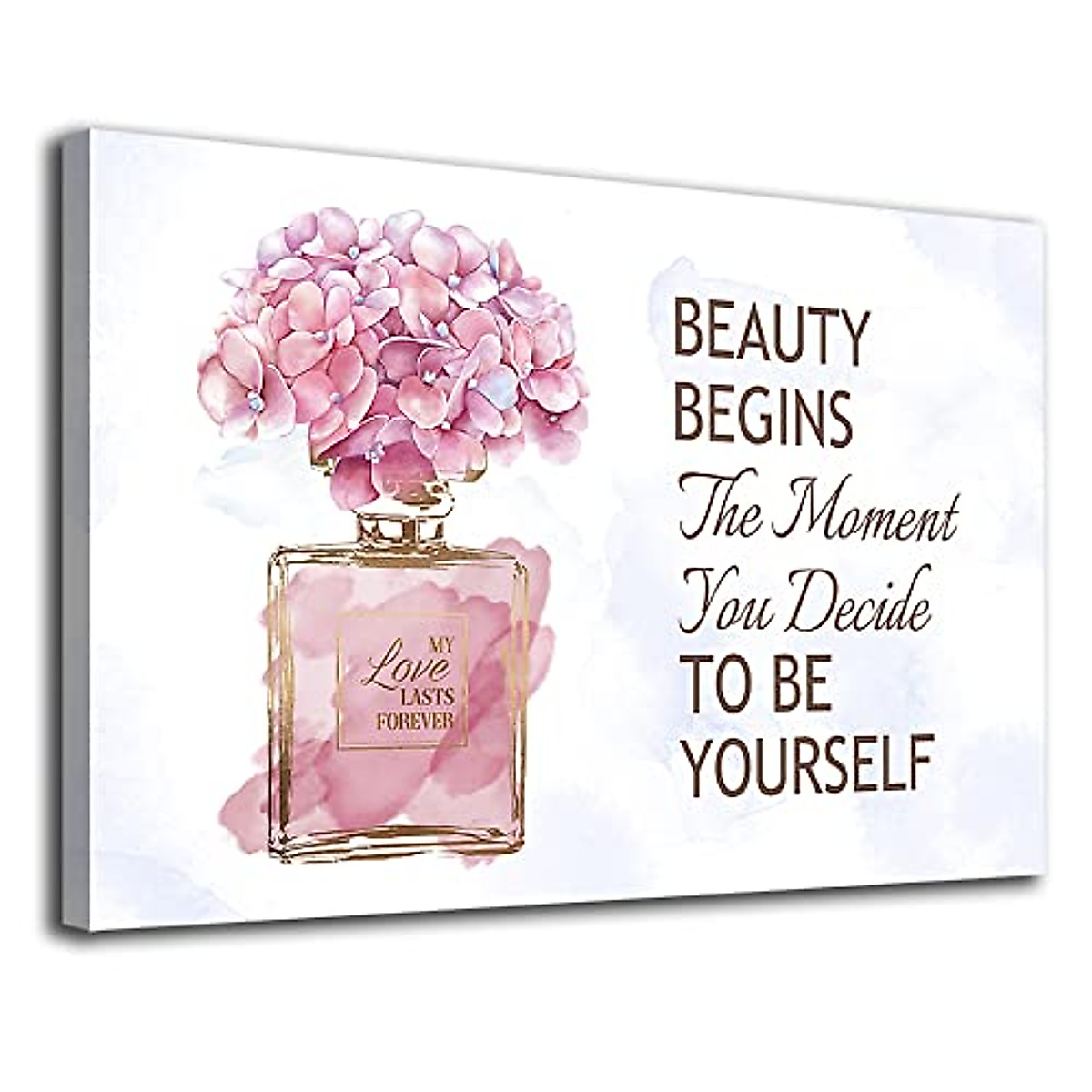 arteWOODS Fashioner Perfume Canvas Wall Art Gold Bottle Pink Flower Canvas Pictures Brown Inspirational Words Canvas Prints Motivational Quetos Wall Decor for Bathroom Bedroom Powder Room 16" X 12"